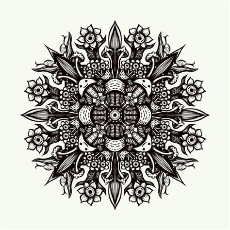 Trippy Black And White Psychedelic Mushrooms Mandala Fine Art Print Borianas Artist Shop