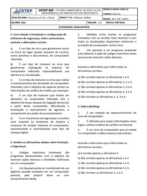 Prova De Segurança De Sistemas E Redes 1 Pdf Vírus De Computador