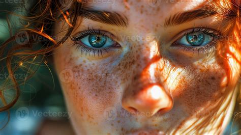 Close Up Of A Young Woman With Freckles And Intense Blue Eyes Macro