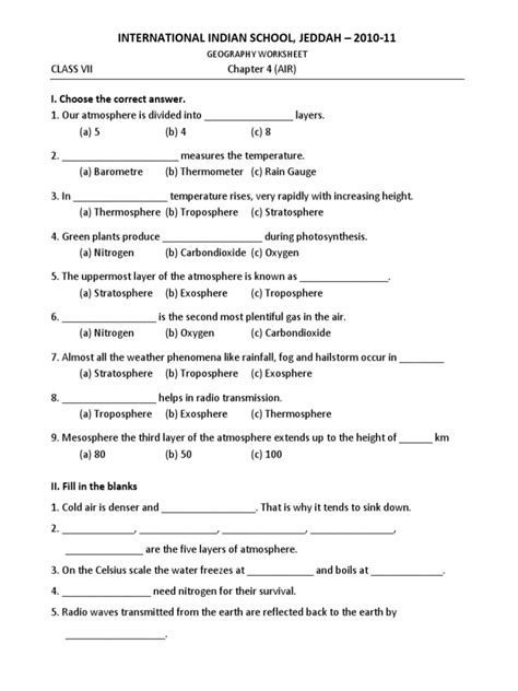 Cbse Class 7 Geography Worksheets 11 Air Pdf Atmosphere Of