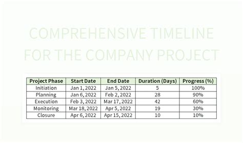 Comprehensive Timeline For The Company Project Excel Template And
