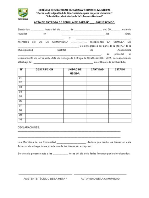 Acta De Entrega De Materiales Pdf
