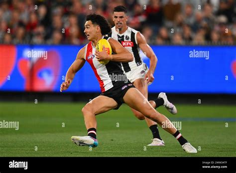 Melbourne, Australia. 21st Mar, 2024. Mitch Owens of the Saints takes possession of the ball ...