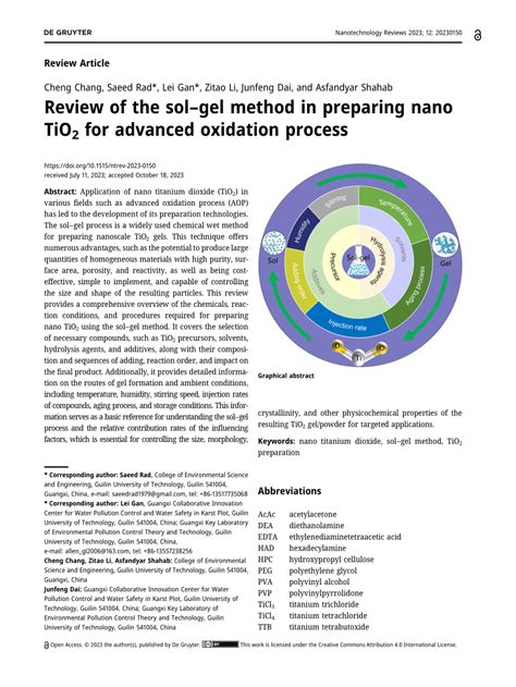 Pdf Review Of The Sol Gel Method In Preparing Nano Tio2 For Advanced Oxidation Process