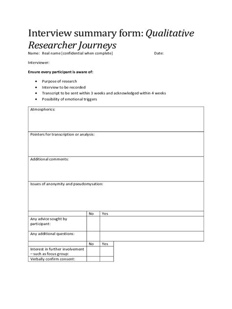 Fillable Online Interview Summary Form Qualitative Researcher Journeys Fax Email Print Pdffiller