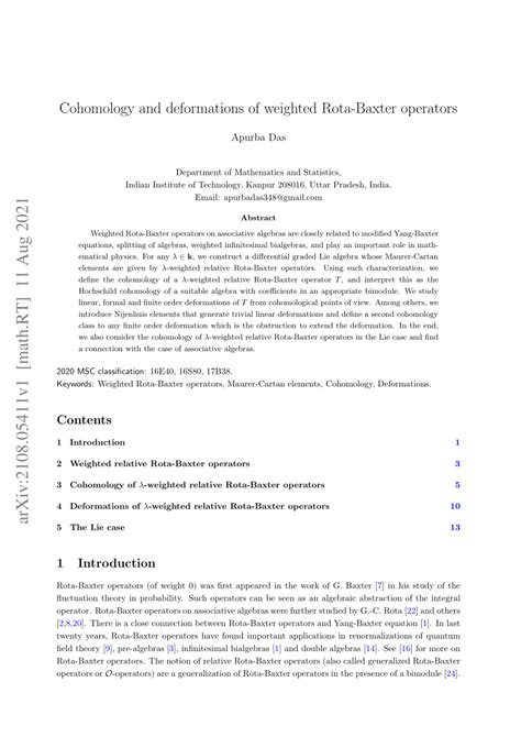 Pdf Cohomology And Deformations Of Weighted Rota Baxter Operators