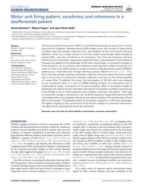 Pdf Motor Unit Firing Pattern Synchrony And Coherence In A Deafferented Patient