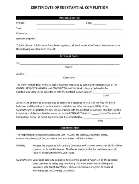 Printable Substantial Completion Certificate Template