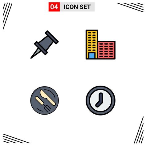 4 Universal Filledline Flat Color Signs Symbols Of Marker Clock Building Dish Time Editable