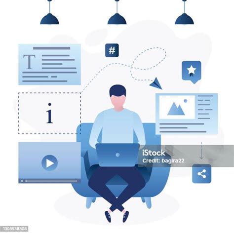 잘 생긴 블로거는 노트북에서 작동합니다 남성 저널리스트는 블로그에 대한 콘텐츠를 만듭니다 온라인 블로깅 카피 라이팅 개념 건축물에 대한 스톡 벡터 아트 및 기타 이미지