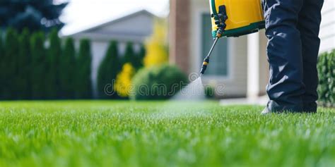Lawn Spraying With Backpack Sprayer Green Grass Residential Area Sunny Day Gardening