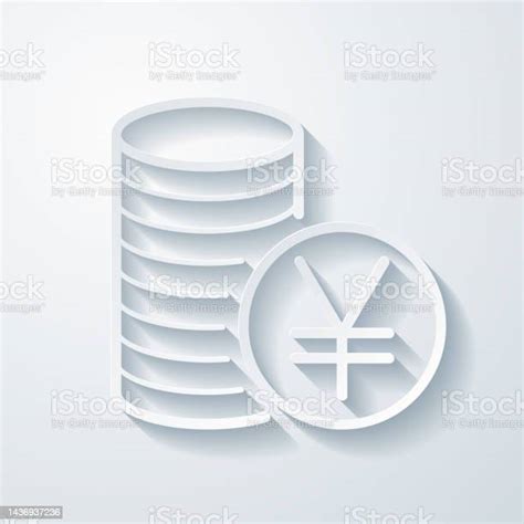 Yen Coins Stack Icon With Paper Cut Effect On Blank Background Stock