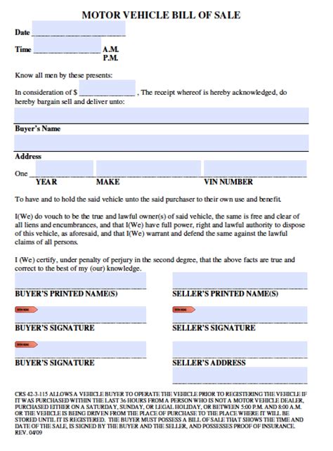 Auto Bill Of Sale Colorado Template