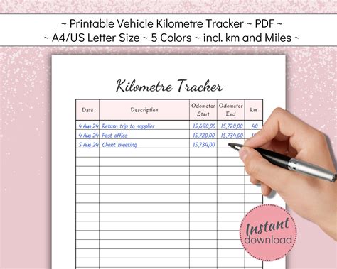 Printable Vehicle Kilometre Log Book Travel Distance Logbook Business Miles Tracker Odometer