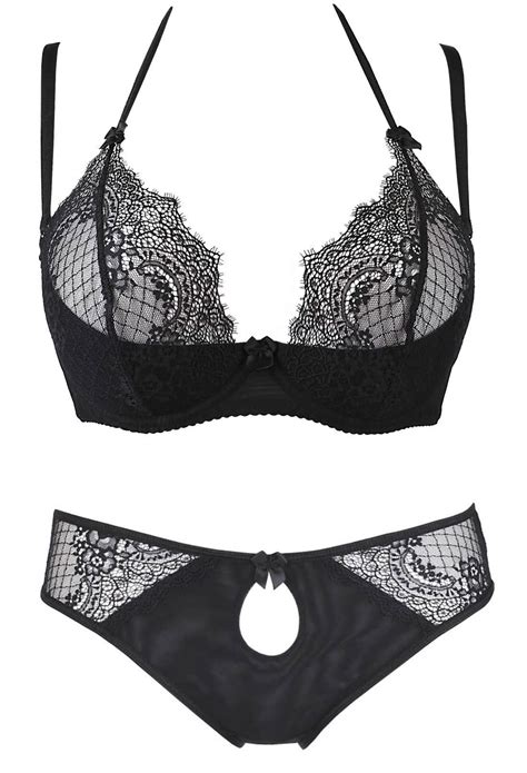 European Black Lace Peek A Boo Bra And Panty Set Lingerie Seduction