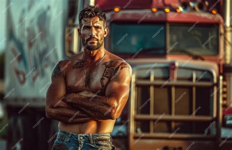 Premium Photo Truck Driver With Shirt Off Standing In Front Of Truck
