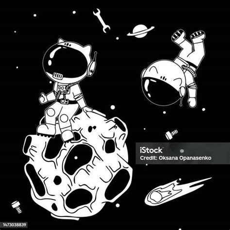 열린 공간에서 우주 비행사 Ufo 우주선 로켓 태양계 은하계 여행 은하 행성 소행성 혜성 별똥별 흑백 그림입니다 벡터 과학에