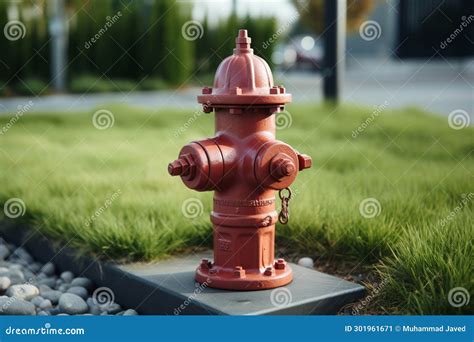 Green Contrast A Red Fire Hydrant Adds A Touch Of Urbanity Stock Image