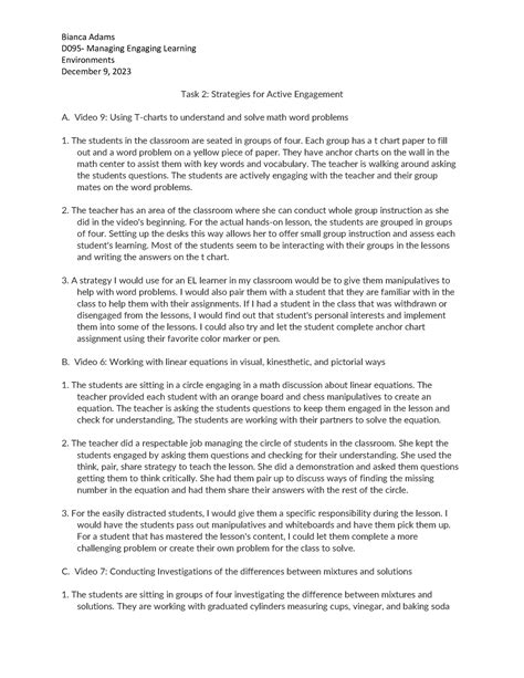 task 2 strategies for active engagement bianca adams d095 managing