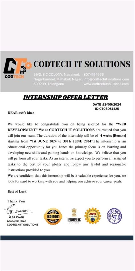 Ashfa Khan On Linkedin Intership Webdevelopment Codetechitsolution