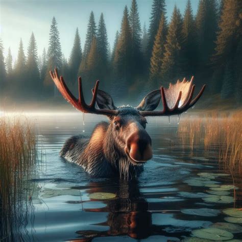 Premium Ai Image A Moose Is Swimming In A Lake With Trees In The
