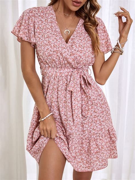 Ditsy Floral Print Belted Surplice Neck Dress Sleeves Designs For