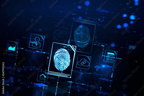 Biometrics Identification And Personal Data Security Concept With Digital Blue Human Fingerprint