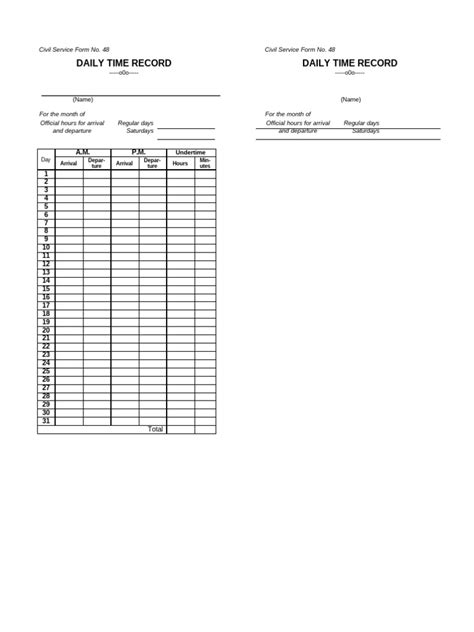 Csc Form No 48 Daily Time Record Dtr Pdf