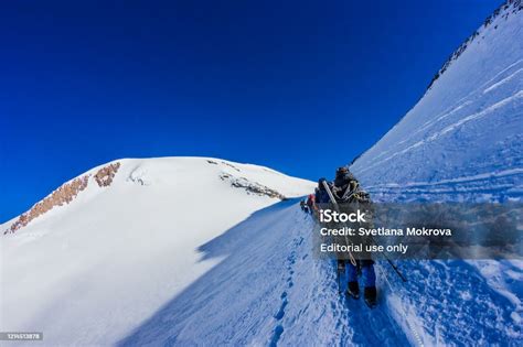 배낭과 아이젠을 들고 잇달아 걷는 관광객들은 눈 덮인 얼음 경사면에서 산 꼭대기로 간다 관광에 대한 스톡 사진 및 기타 이미지 관광 관광객 등산 Istock
