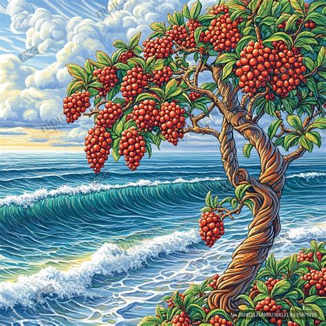 Ai创作图手绘荔枝树 自然装饰画大海素材 硕果累累荔枝树 手绘海浪旭日东升 原创荔枝挂画 荔枝果树缩小版 海浪花鸟 工笔手绘海浪装饰画 鸿运