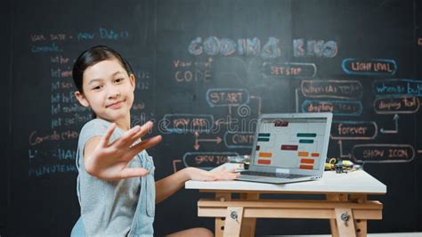 Asian Babe Programing Engineering Code With Equipment On Table Edification Stock Image