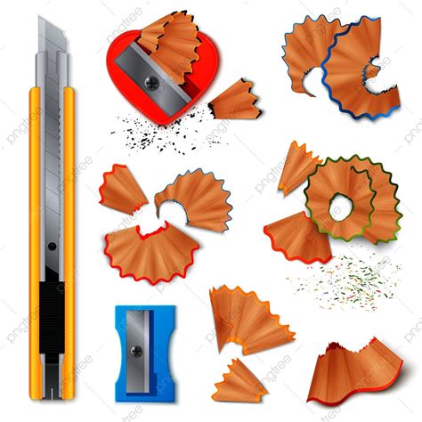 Realistic Set Of Stationery With Sharpener Knife For Pencils Sharpening And Shavings Isolated