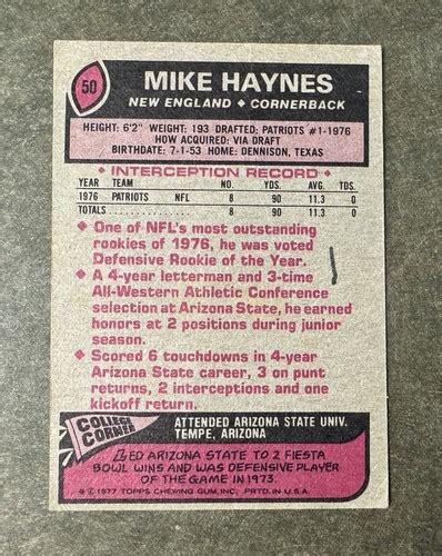 Mike Haynes 1977 Topps Football 50 New England Patriots Hof Rc Rookie