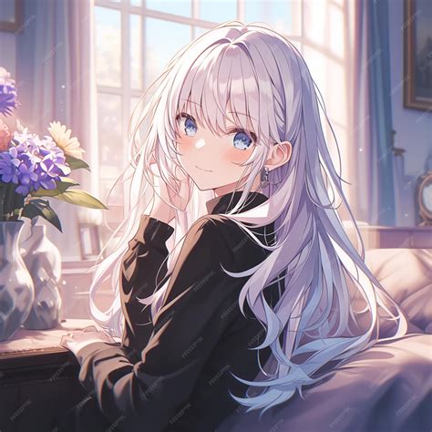 Premium Photo Anime Girl Sitting On A Couch With A Vase Of Flowers