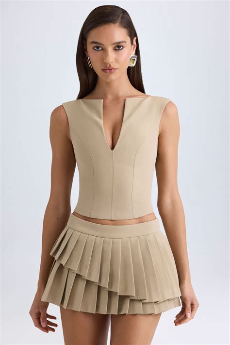Open Front Crop Top In Camel Cuffed Skirt Short Pleated Skirts 90s