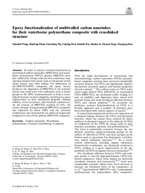 Pdf Epoxy Functionalization Of Multiwalled Carbon Nanotubes For Their Waterborne Polyurethane