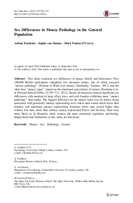 Pdf Sex Differences In Money Pathology In The General Population