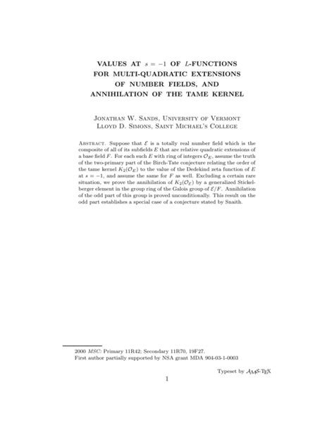 1 Of L Functions For Multi Quadratic Extensions Of