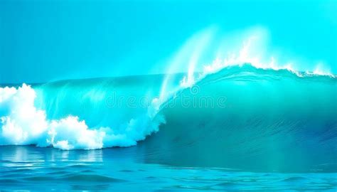 Large Powerful Wave Crashing Against Bright Blue Sky With Wispy Clouds Stock Illustration