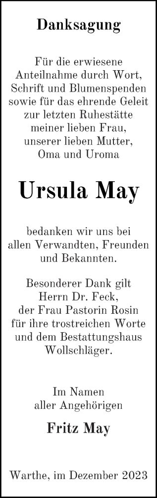 Traueranzeigen Von Ursula May Trauer Nordkurier