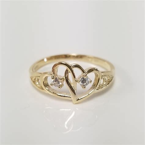 Size 7 Estate 10k Yellow Gold Double Heart Cz 10ct Diamond Ring