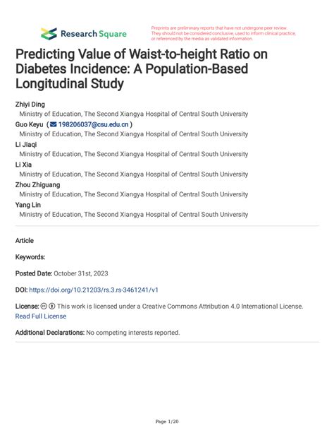 Pdf Predicting Value Of Waist To Height Ratio On Diabetes Incidence
