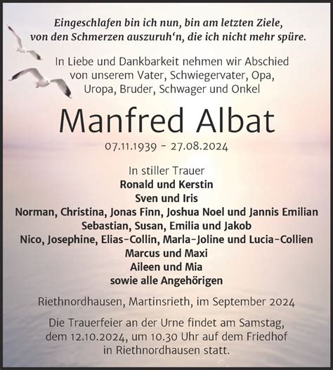 Traueranzeigen Von Manfred Albat Abschied Nehmen De