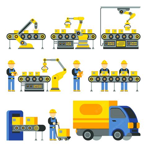 생산 공장 라인 플랫 아이콘으로 제조 공정 공장 장비 및 산업 프리미엄 벡터