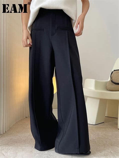 Eam بنطال نسائي فضفاض عالي الخصر بجيوب سوداء بطيات واسعة الساق بناطيل نسائية مناسبة للربيع