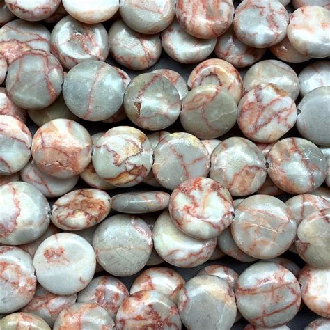 Red Vein Marble 16mm Coin Semi Precious Stone Beads Per Strand Dry