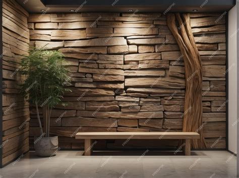 Premium Photo Wild Stone Cladding Wall And Wooden Bench Decorative
