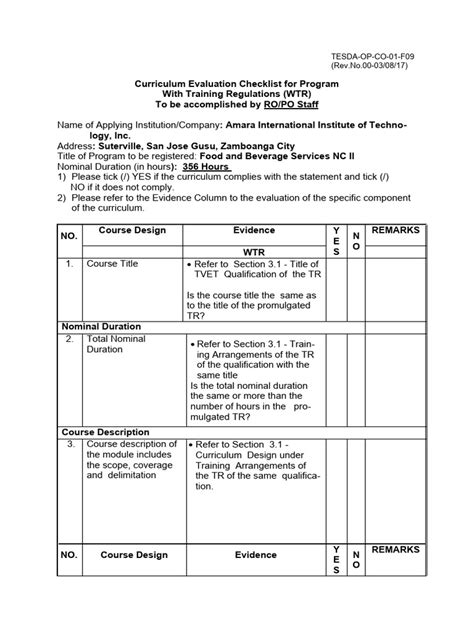Tesda Op Co 01 F09 Curriculum Checklist Pdf Curriculum Behavior