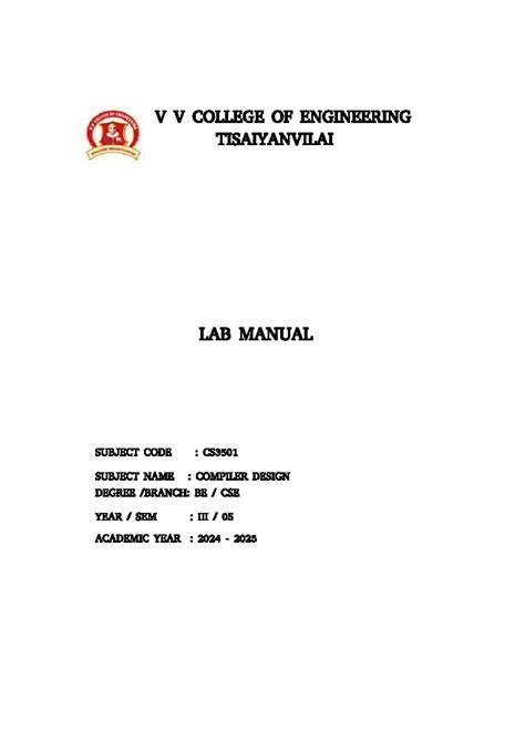 Compiler Design Lab Good V V College Of Engineering Tisaiyanvilai Lab Manual Subject Code