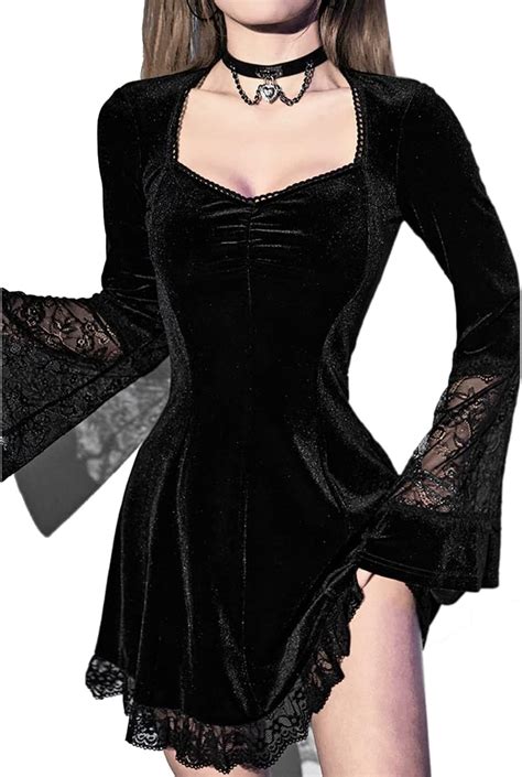 Women Gothic Dressflare Sleeve Velvet Dress Black Lace